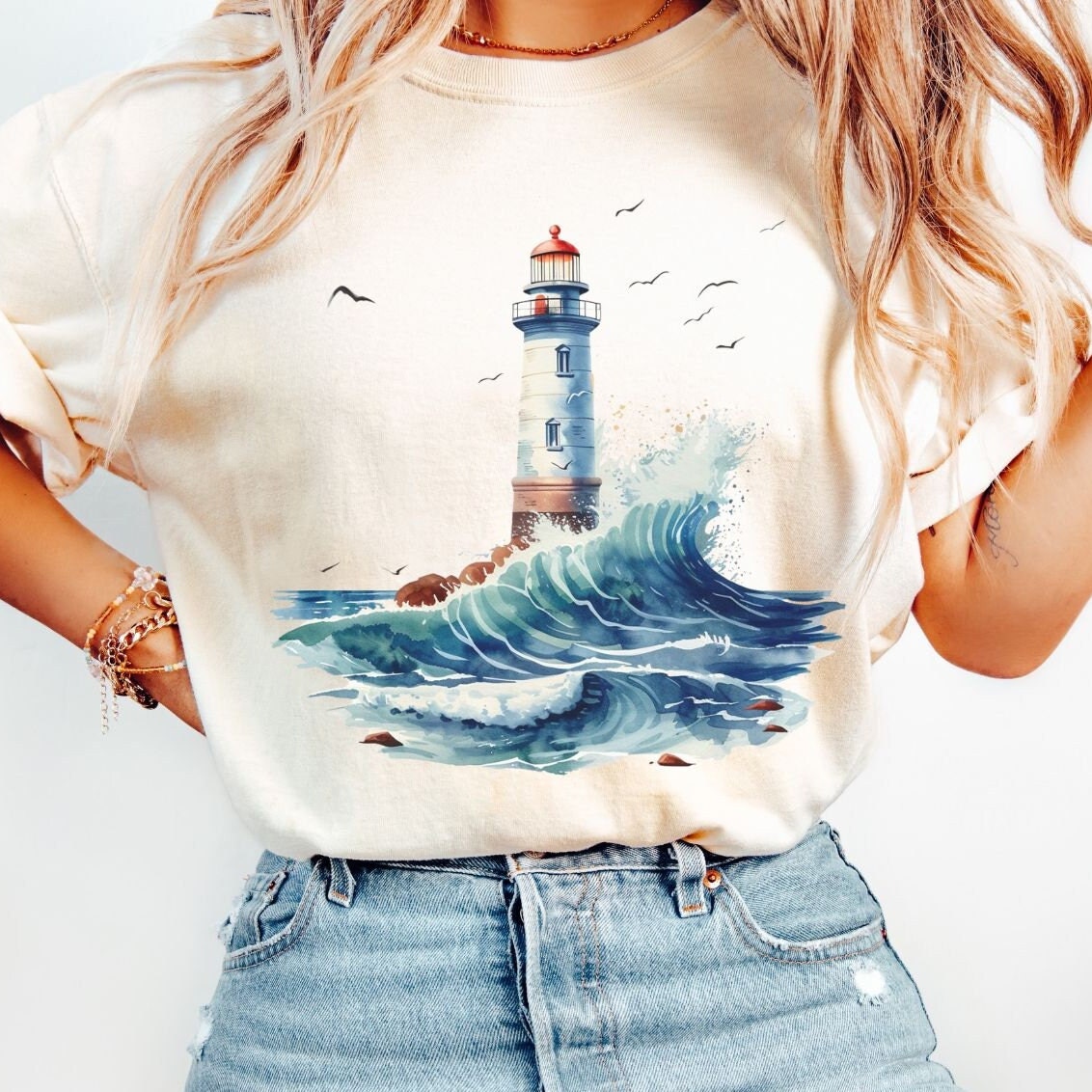 Lighthouse Tee, Watercolor Lighthouse Scene, Lighthouse & Ocean Design ...