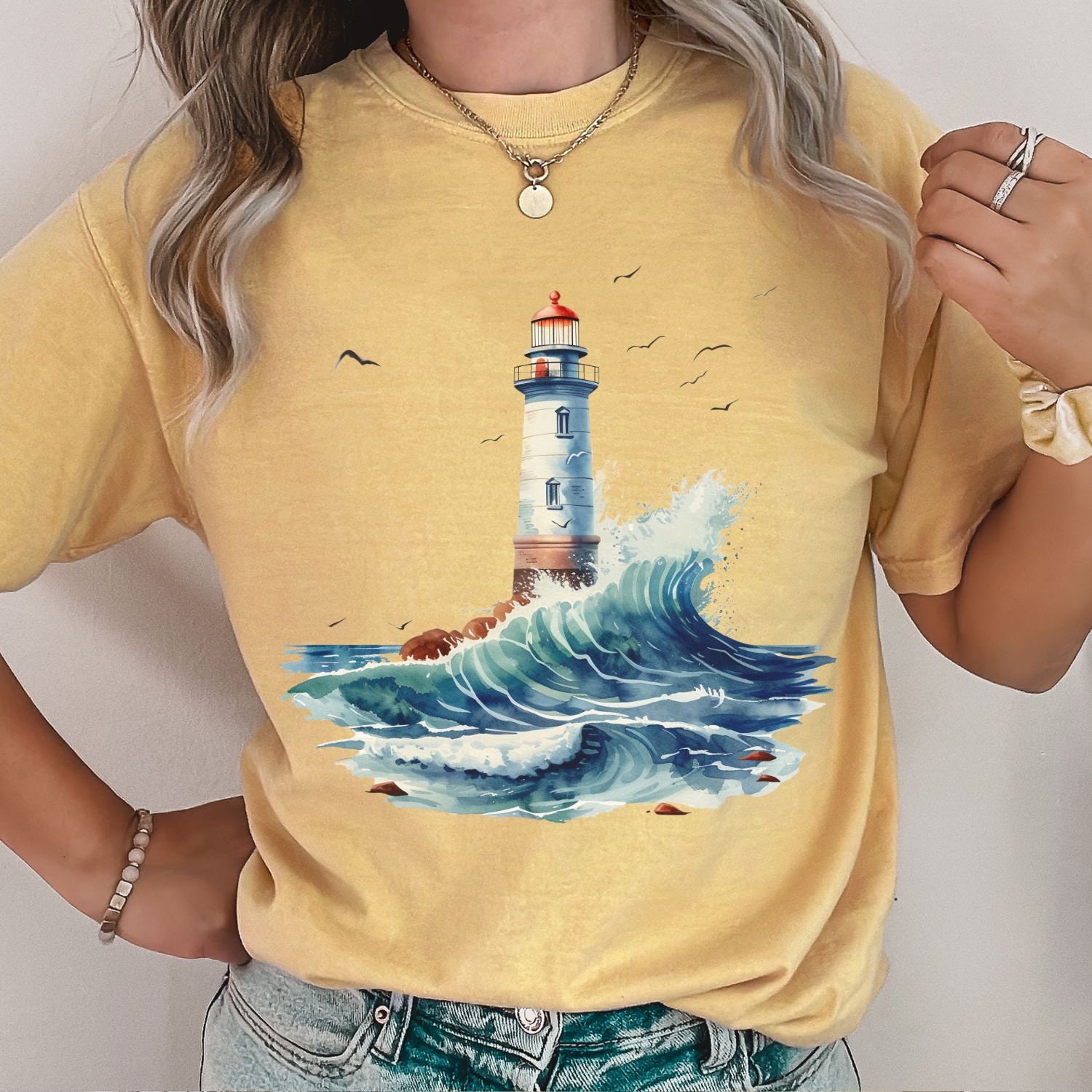 Lighthouse Tee, Watercolor Lighthouse Scene, Lighthouse & Ocean Design ...