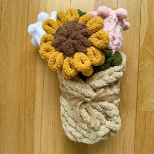 Hand Knit Flower Bouquet: Sunflower, Tulips, Foliage and Floral Wrap - Etsy