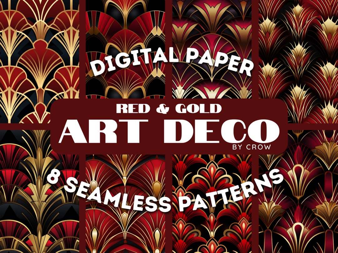 Ruby Red and Gold Art Deco Digital Paper Pack | Seamless Patterns ...