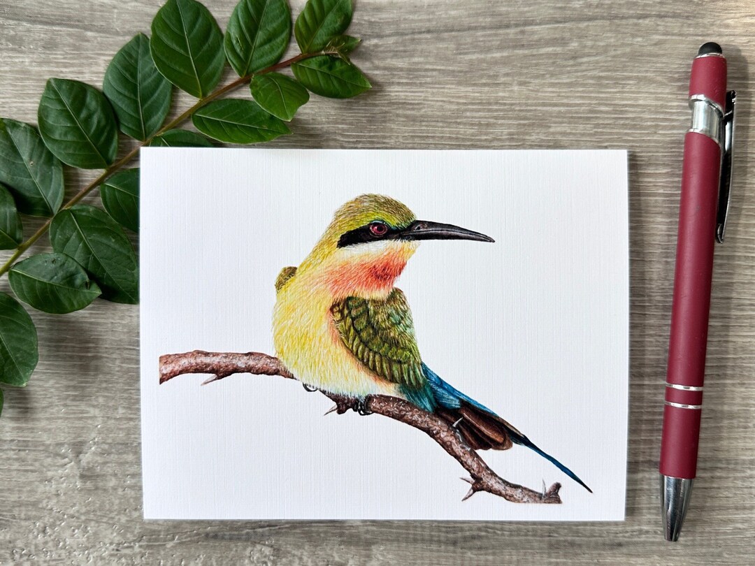 Blue-tailed Bee-eater Note Card: Watercolor Bird Art, Linen Cardstock ...