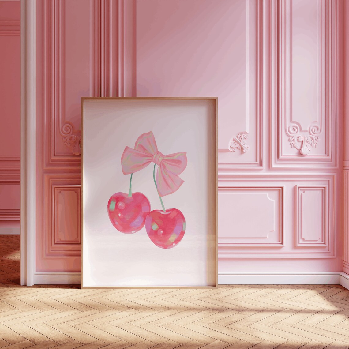 Coquette Cherry Bow Print, Digital Collage, Cherry Prints, Coquette Aesthetic Room Decor ...
