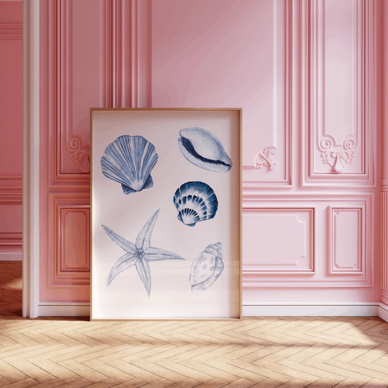 Seashells Blue Vintage Beachy Seashell Water Color Dorm Room Decor ...
