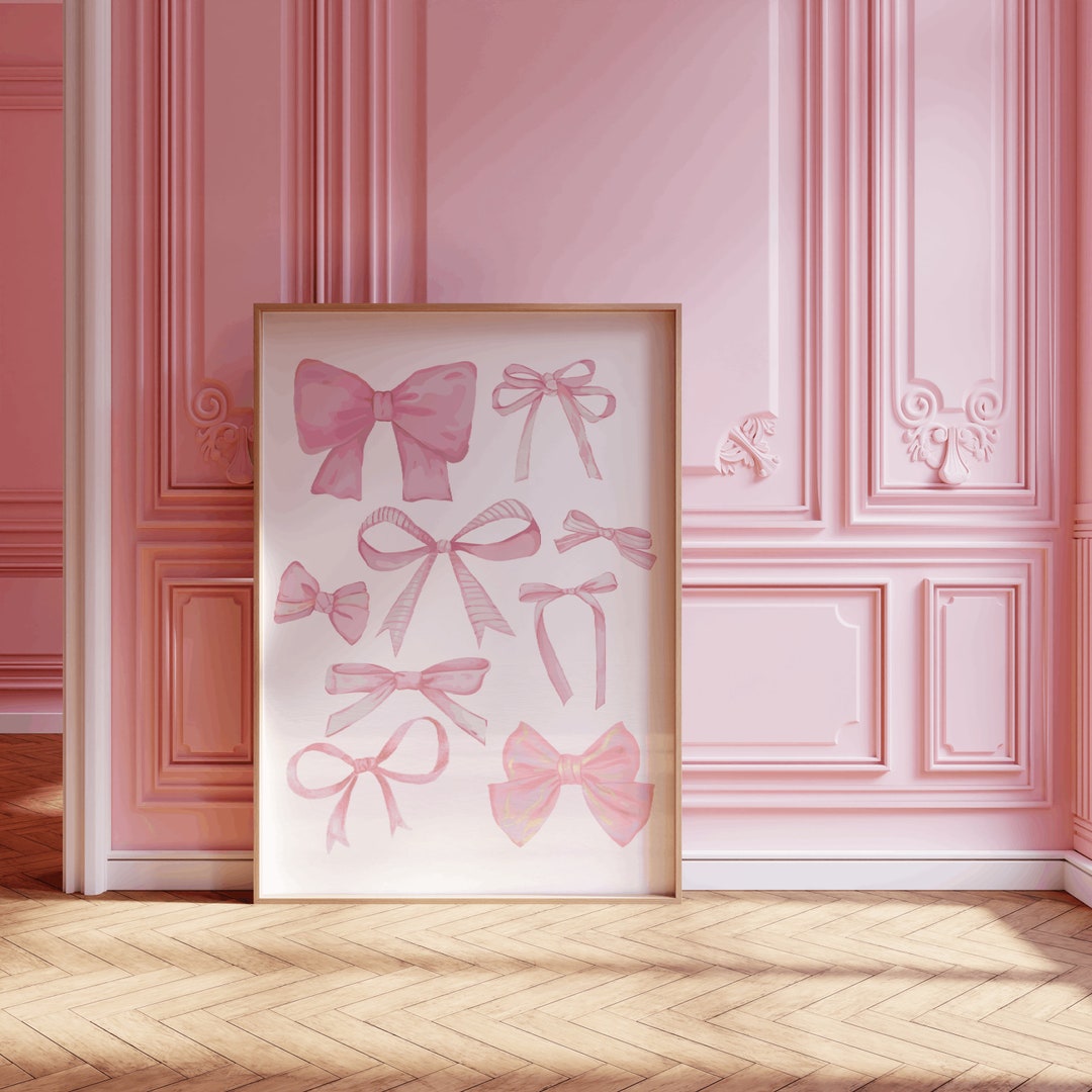 Pink Coquette Ribbon Bow Print, Digital Collage Prints, Balletcore ...
