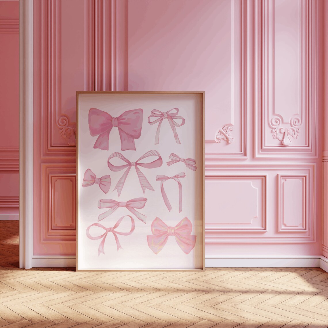 Pink Coquette Ribbon Bow Print, Digital Collage Prints, Balletcore ...