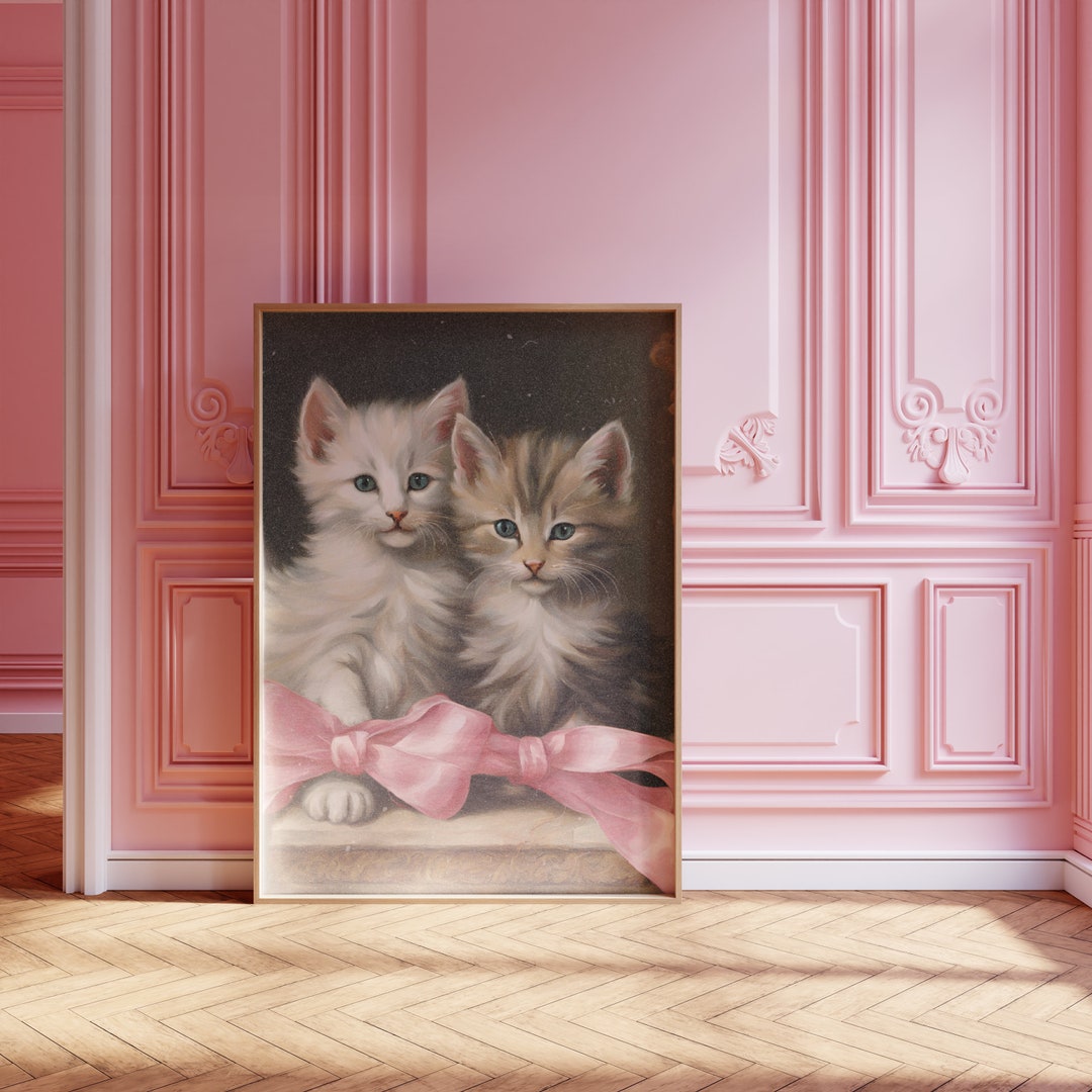Pink Coquette Kitten Bow Print, Digital Cats Prints, Balletcore ...