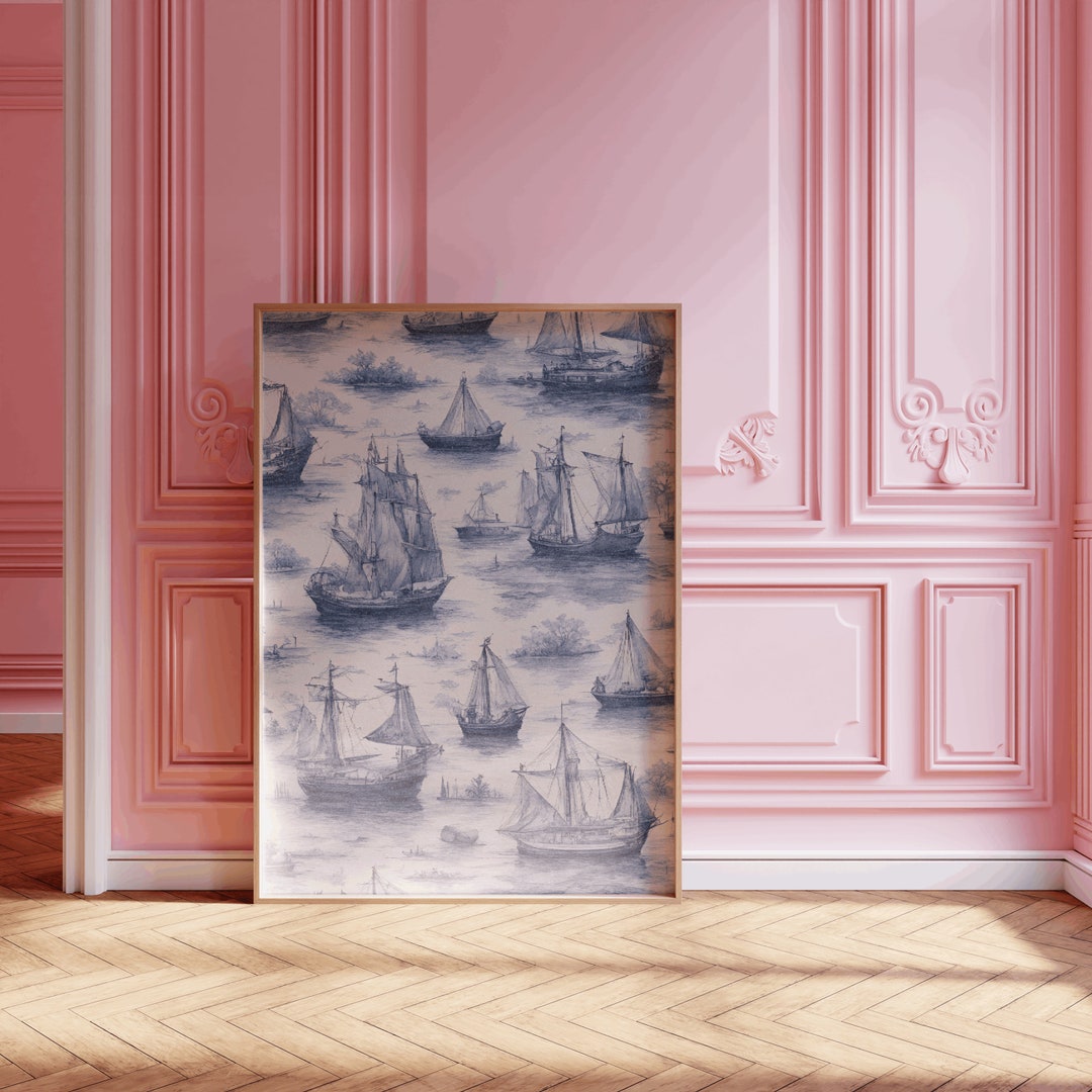 Blue Coastal Ships Toile De Jouy Ribbon Vintage Blue Dorm Room Decor ...