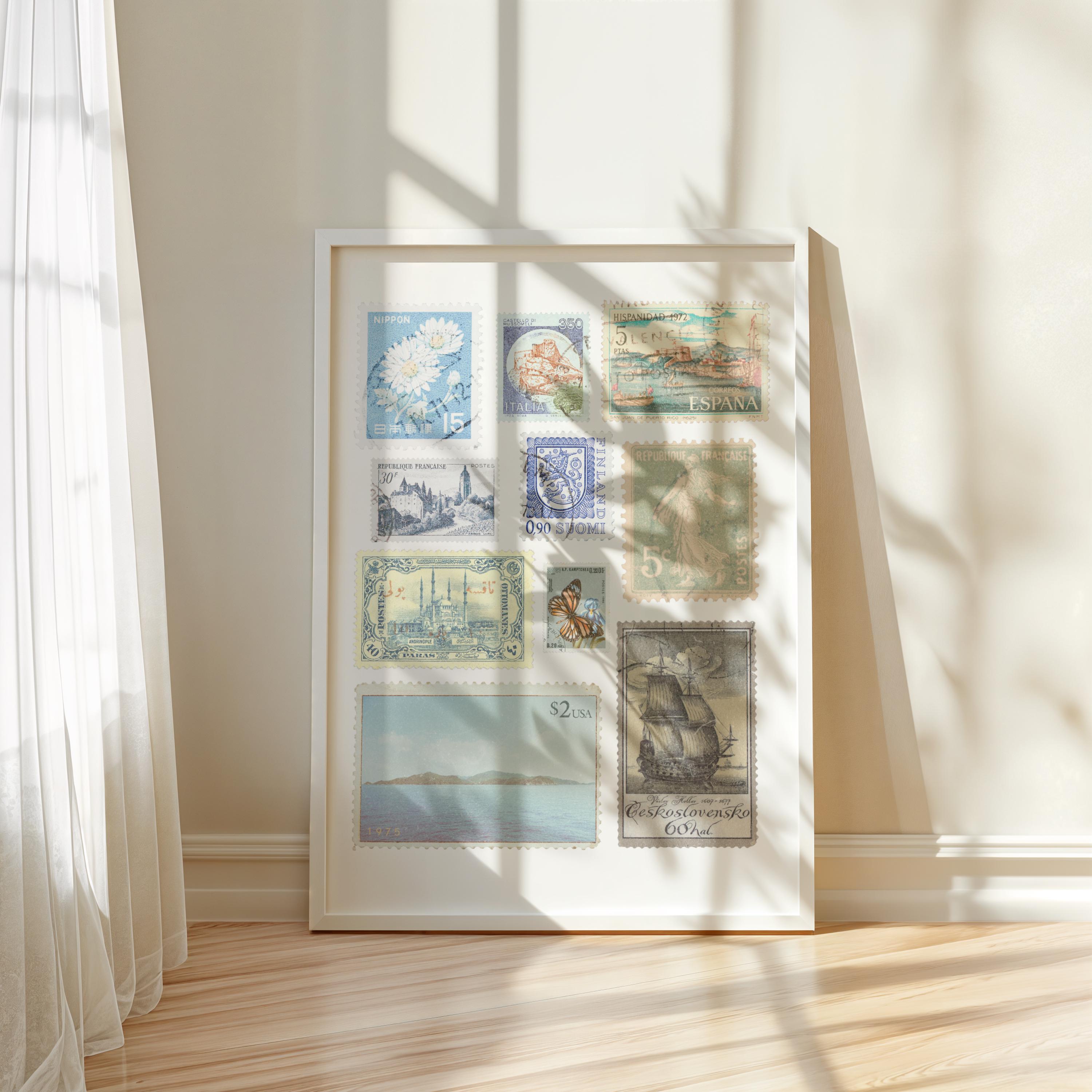 Coastal Blue Stamps Vintage Beachy Collage Art Stamp Dorm Room Decor ...
