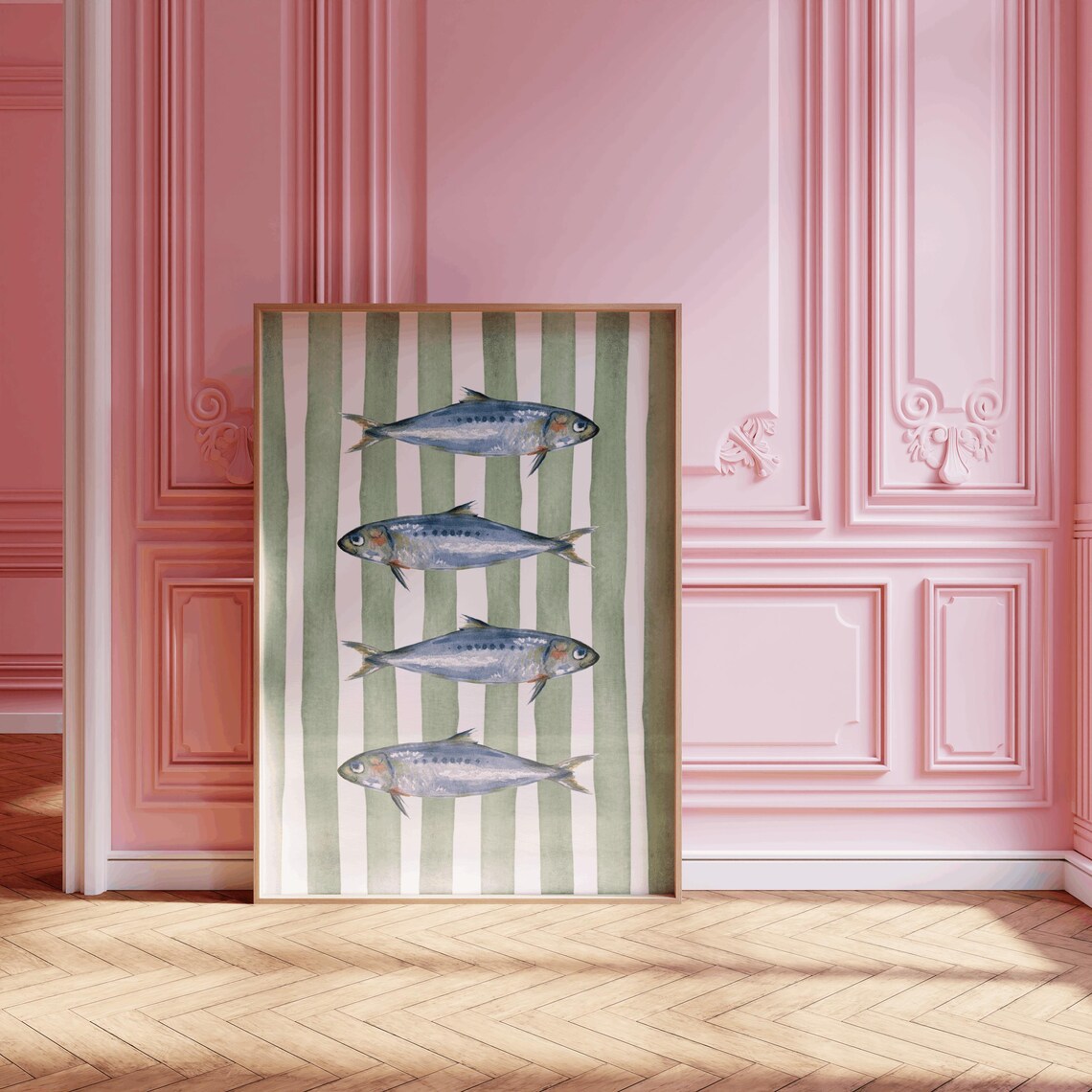 Sardine Print Vintage Stripe Watercolor Art Italian Cuisine Sardines ...