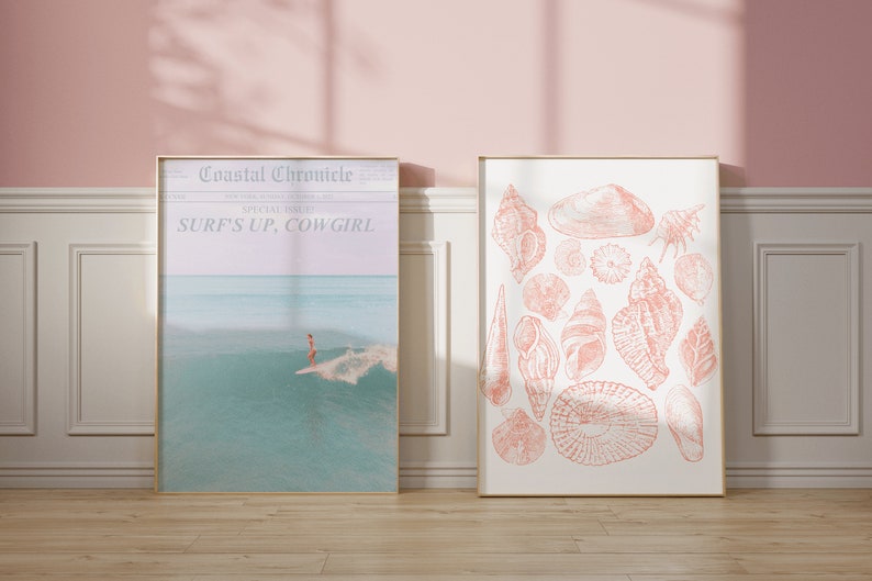 Set of 2 Vintage Seashell and Surf Art, Surfboard Print, Dorm Room ...