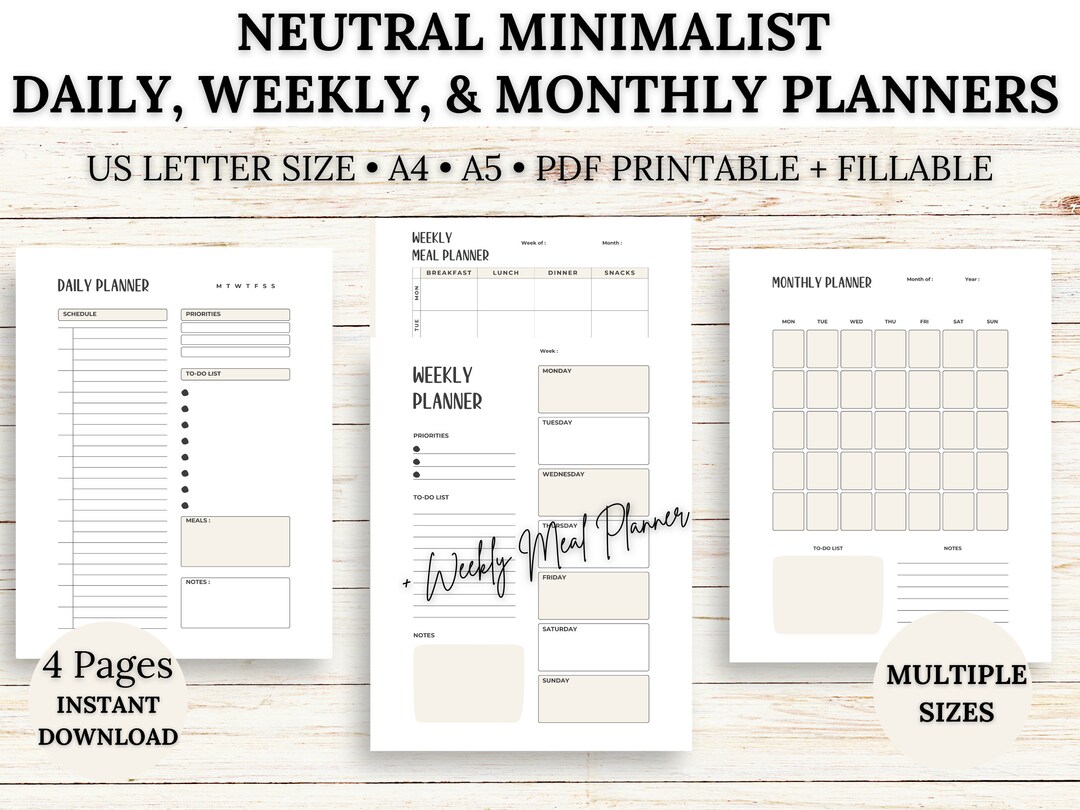 Neutral Minimalist Daily, Weekly & Monthly Planner Set + Weekly Meal ...