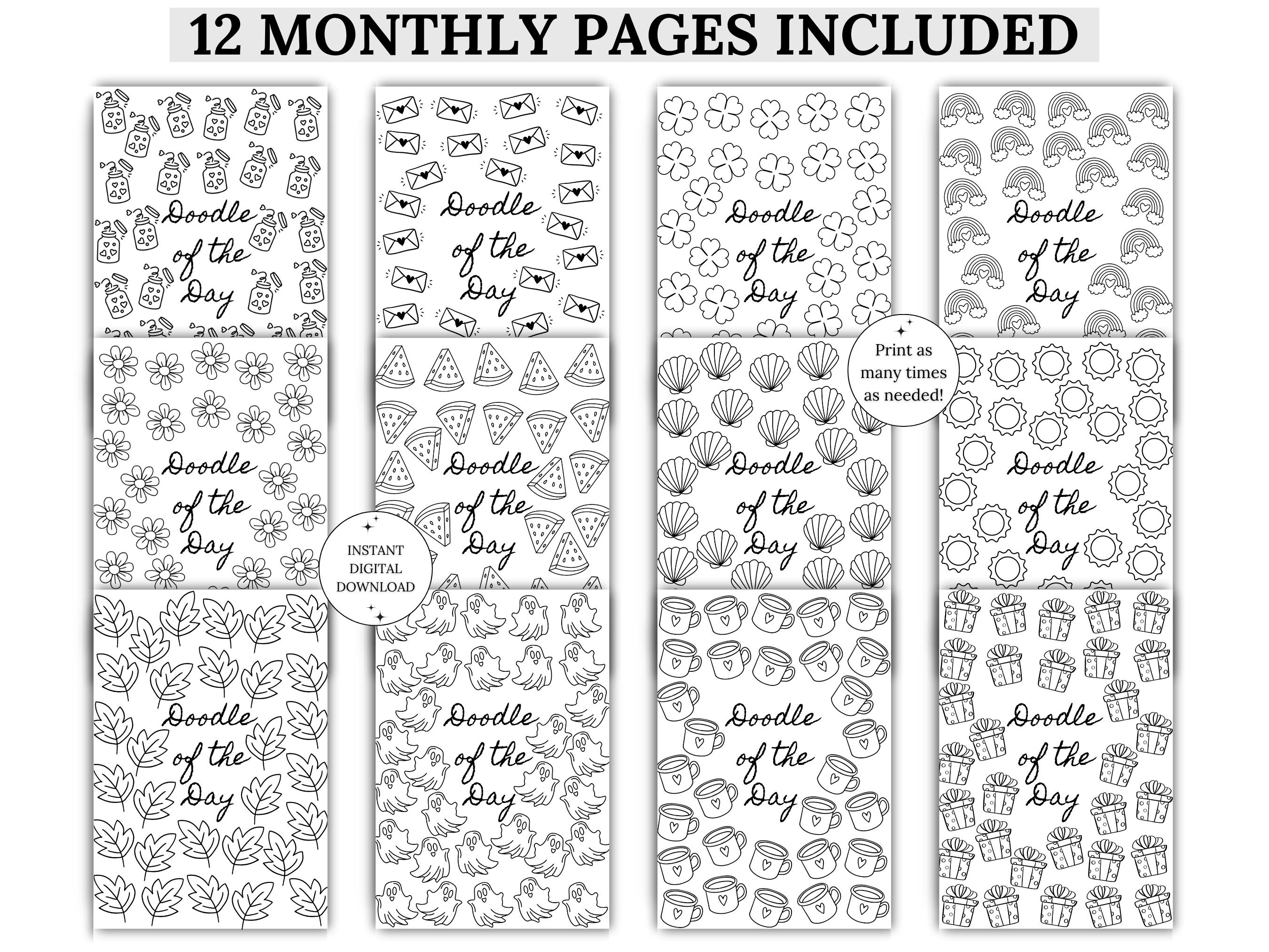 Doodle of the Day Printable Bundle 12 Monthly Doodle Pages Daily Doodle ...