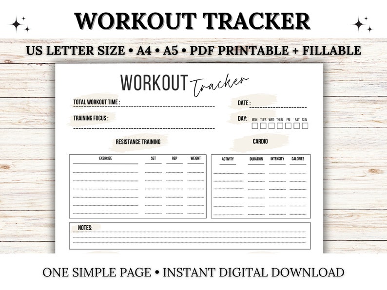 Workout Tracker Printable PDF, Weight Lifting Log, Daily Exercise Log ...