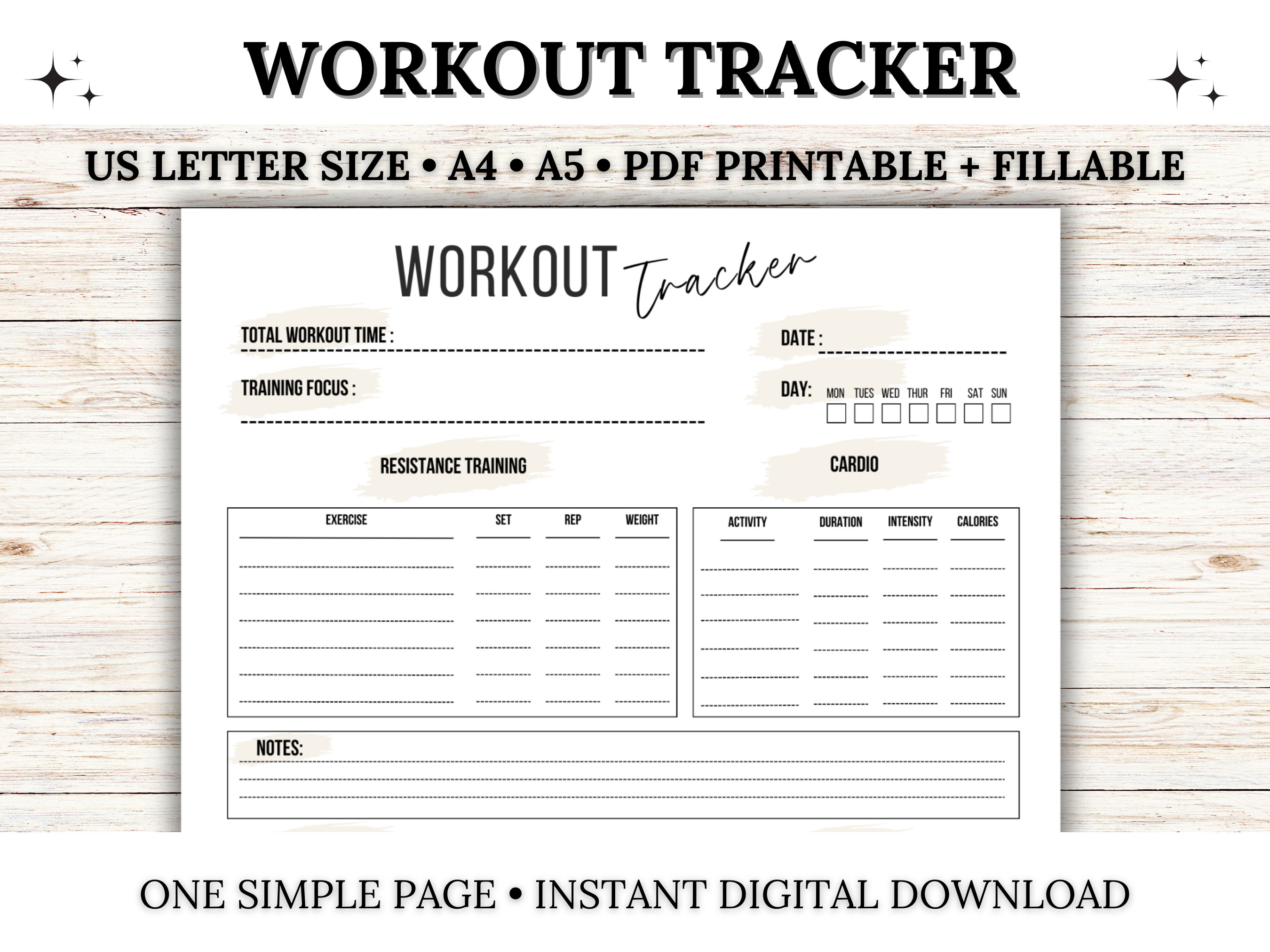 Workout Tracker Printable PDF, Weight Lifting Log, Daily Exercise Log ...