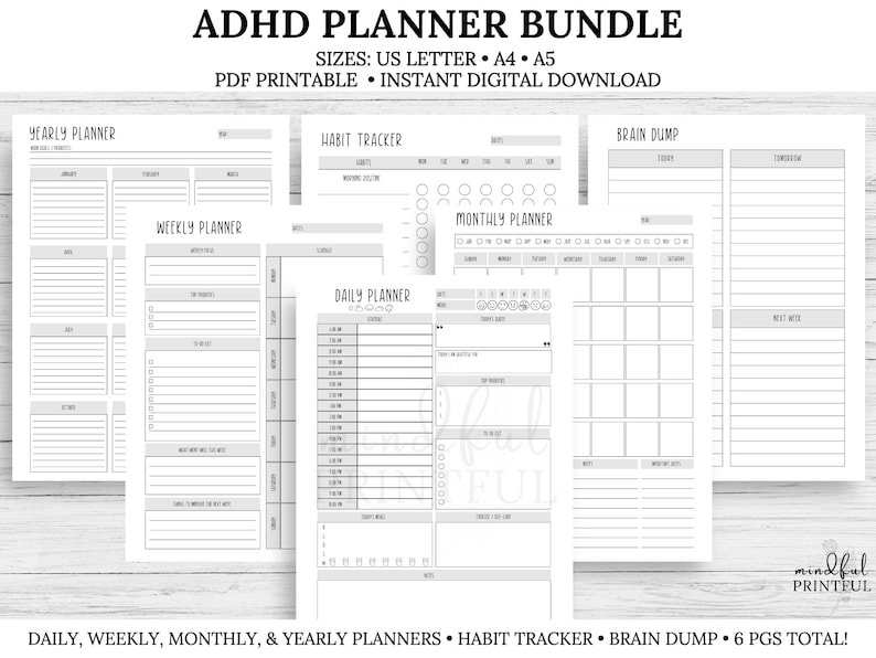 ADHD Planner Printable Bundle Daily Planner Weekly Monthly Yearly ...
