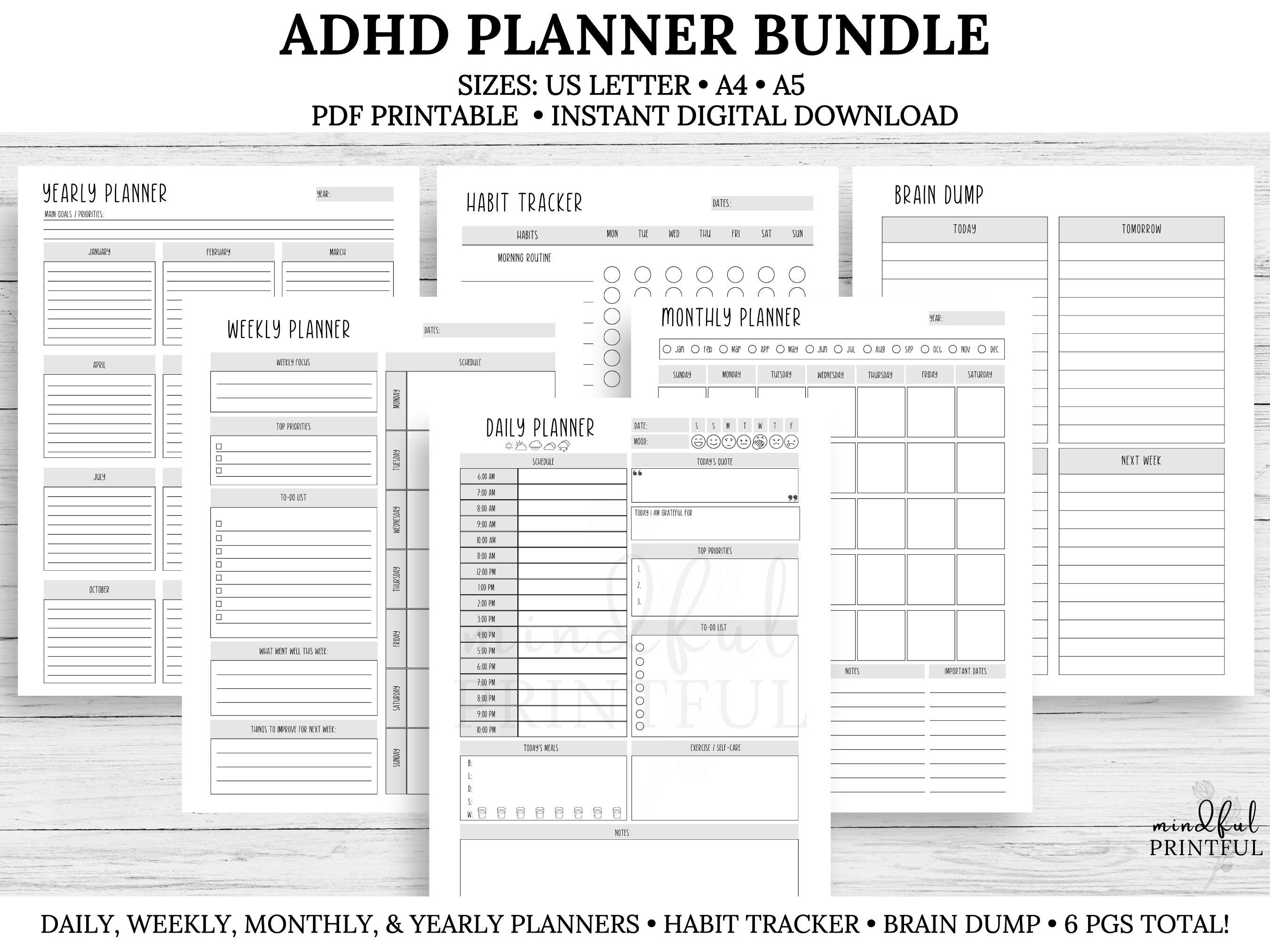 ADHD Planner Printable Bundle Daily Planner Weekly Monthly Yearly ...