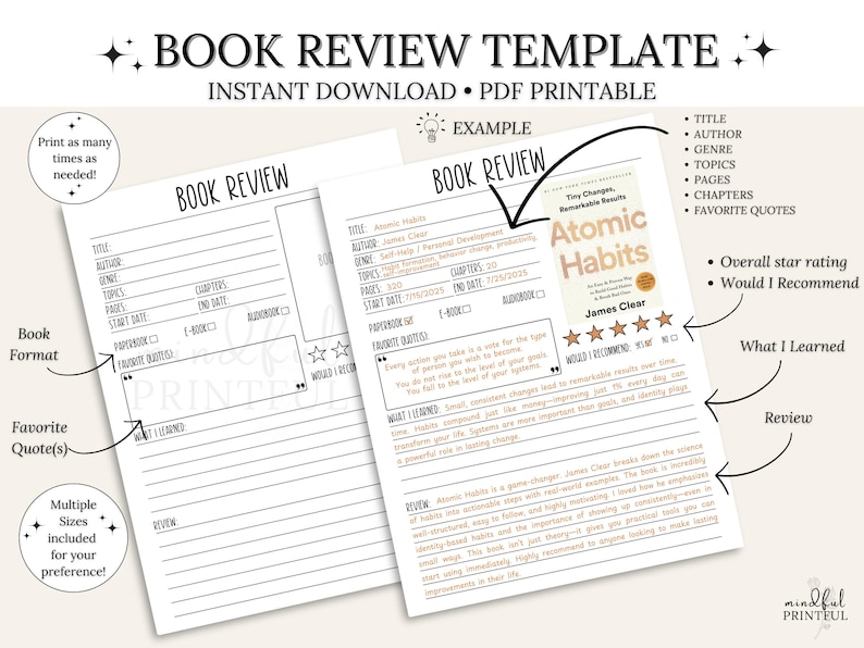 Book Review Template Printable Book Tracker Digital Reading Journal ...