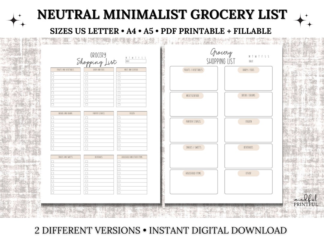 Minimalist Grocery List Printable, Shopping List Printable, Grocery ...