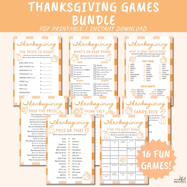 Thanksgiving Games Bundle Printable Thanksgiving Party Games for Kids ...