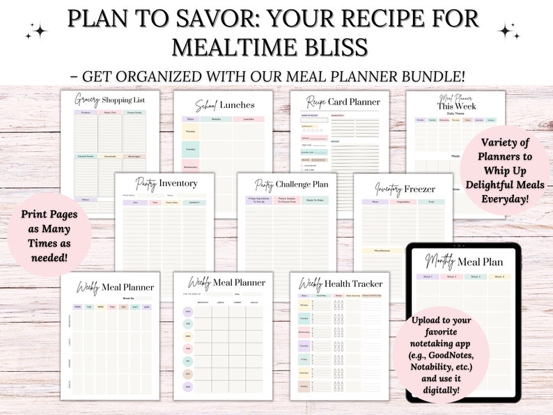 Meal Planner Printable Bundle, Weekly Meal Planner, Food Diary, Grocery ...
