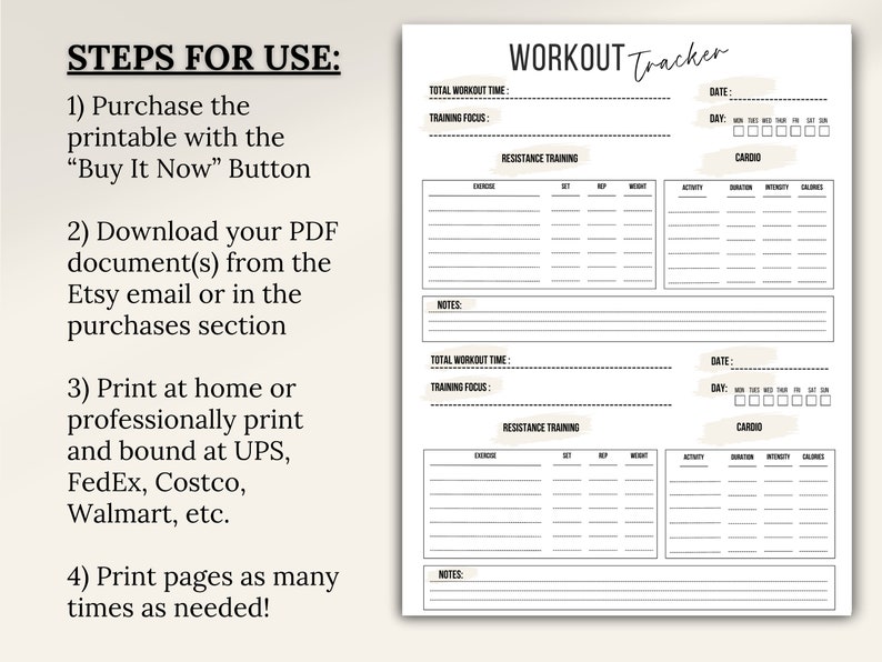 Workout Tracker Printable PDF, Weight Lifting Log, Daily Exercise Log ...