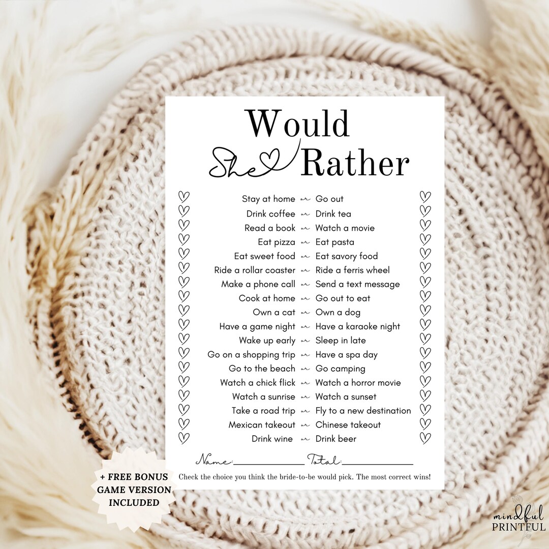 Would She Rather Bridal Shower Game Template Editable Bride Game ...