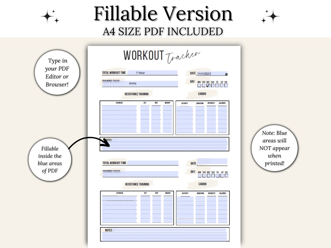 Workout Tracker Printable PDF, Weight Lifting Log, Daily Exercise Log ...