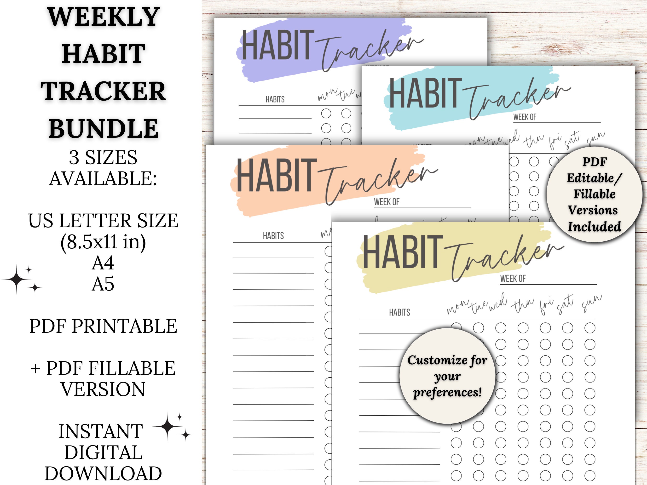 Weekly Habit Tracker Printable PDF Bundle, Routine Tracker, Habit ...