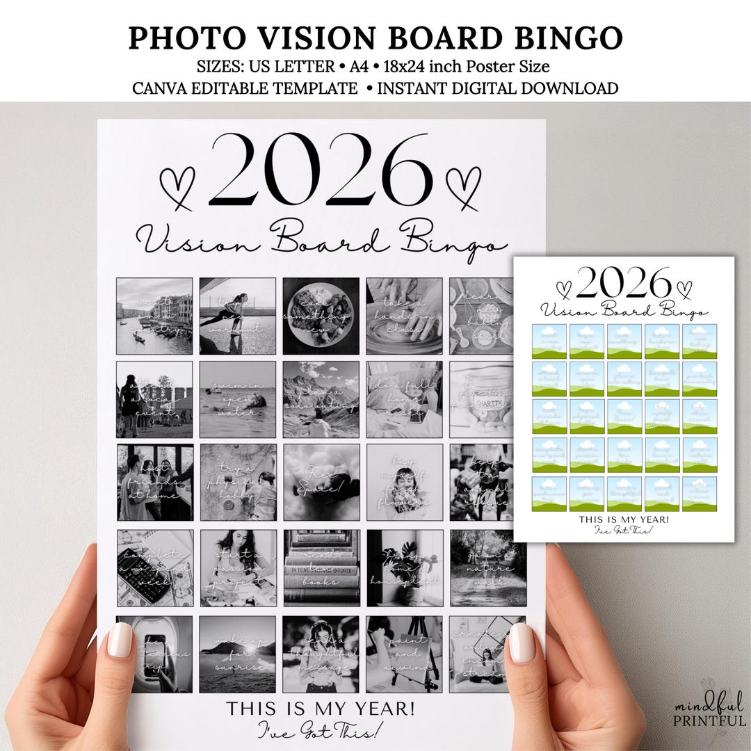 2026 Photo Vision Board Bingo Printable Editable Canva Vision Board ...