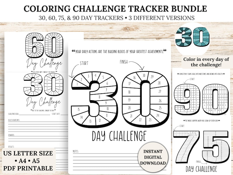 Challenge Tracker Printable Bundle Goal Coloring Tracker Daily Habit ...