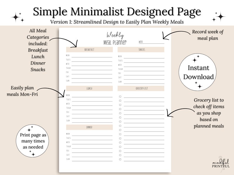 Minimalist Weekly Meal Planner With Grocery List Printable, Meal ...