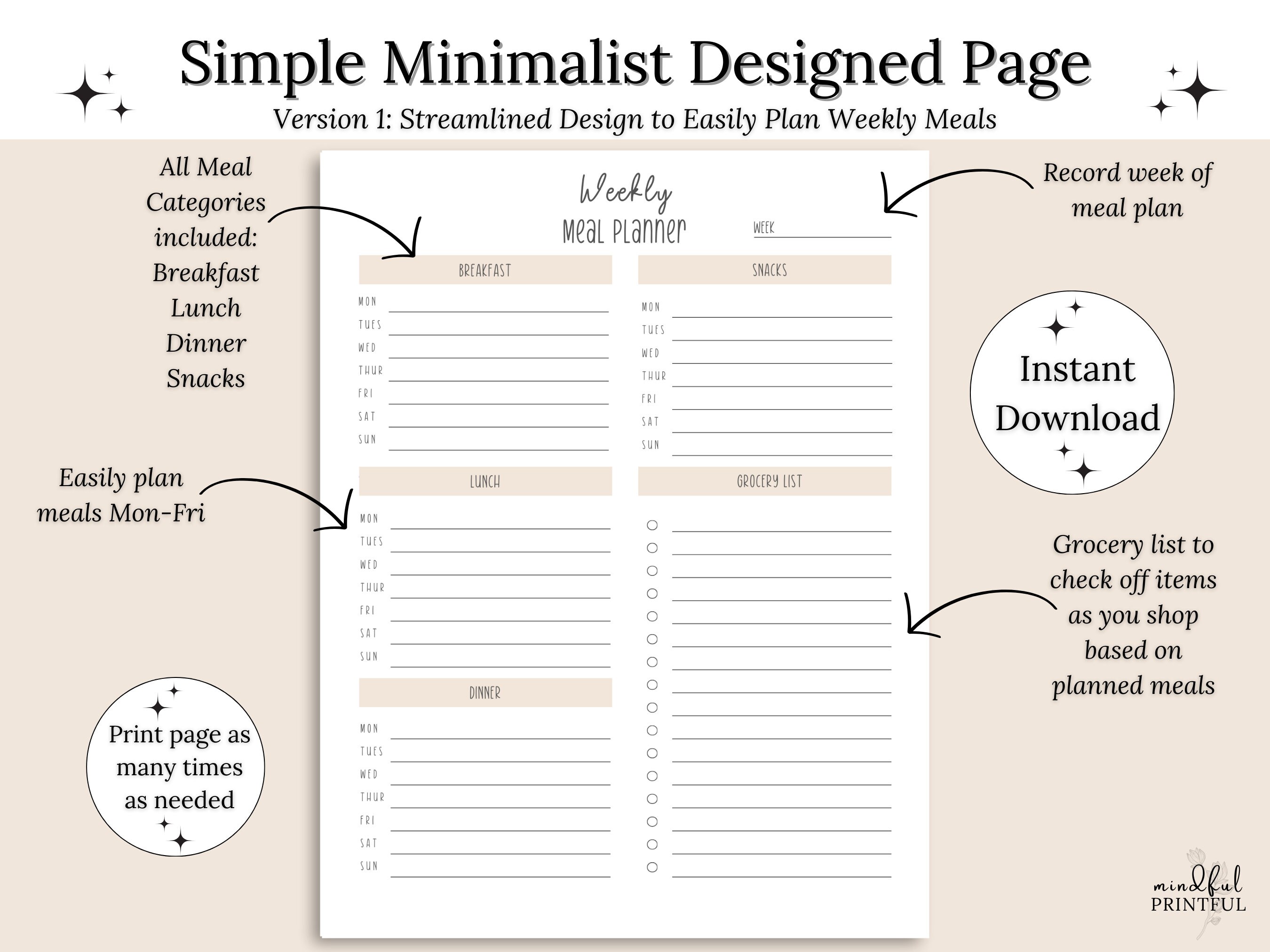 Minimalist Weekly Meal Planner With Grocery List Printable, Meal ...