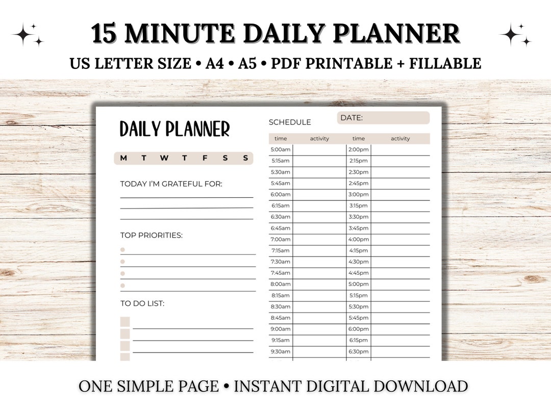 15 Minute Daily Planner, Hourly Planner, Daily Schedule, Daily To-do ...