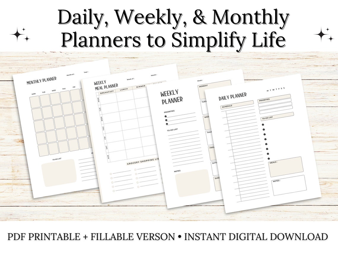 Neutral Minimalist Daily, Weekly & Monthly Planner Set + Weekly Meal ...