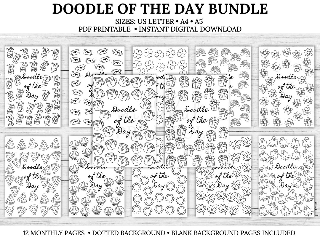 Doodle of the Day Printable Bundle 12 Monthly Doodle Pages Daily Doodle ...