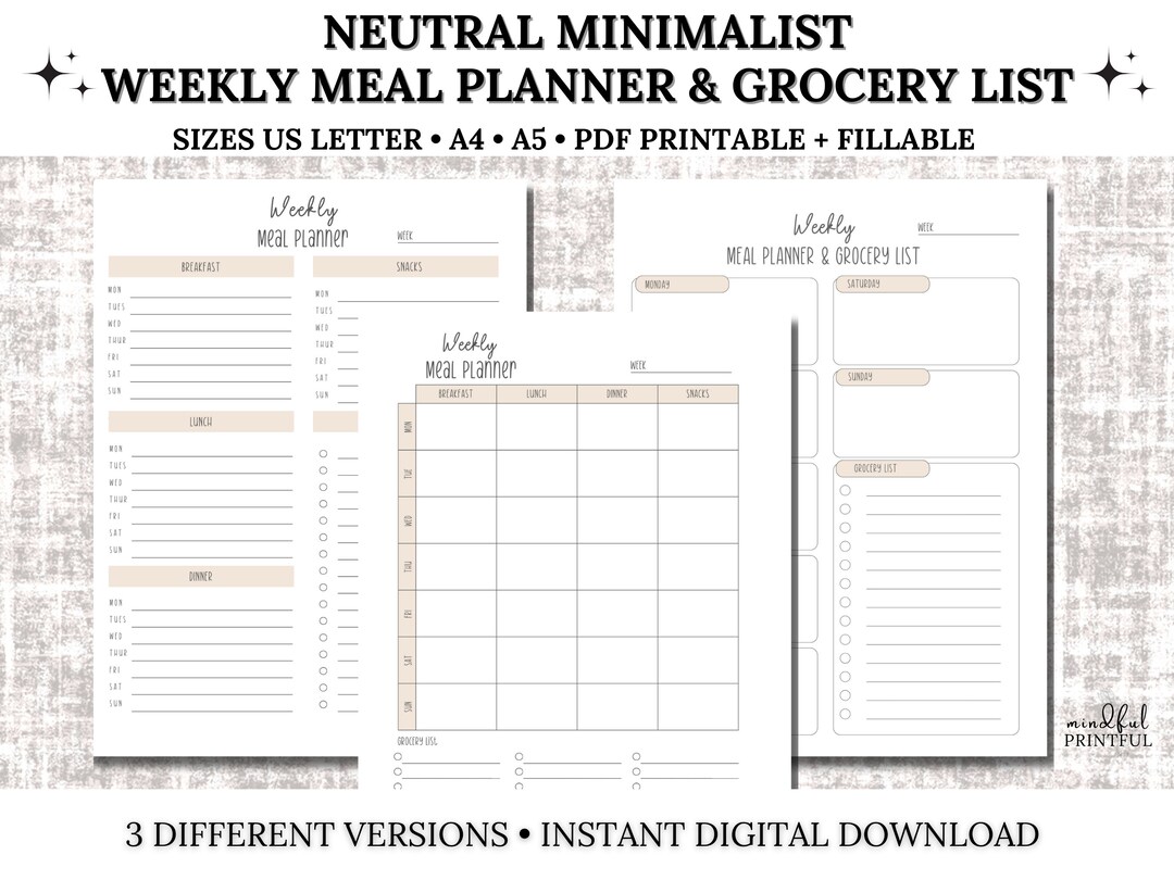 Minimalist Weekly Meal Planner With Grocery List Printable, Meal ...