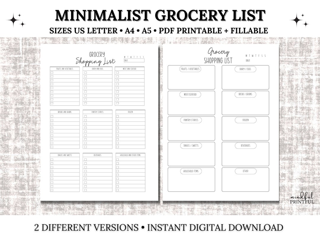 Minimalist Grocery List Printable, Shopping List Printable, Grocery ...