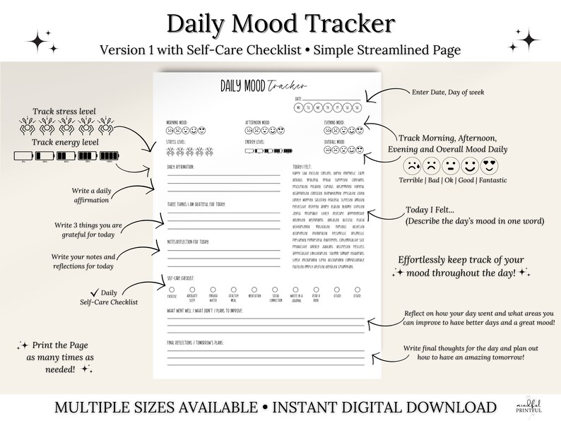 Mood Tracker Printable, Daily Mood Tracker, Monthly Mood Log, Mood ...