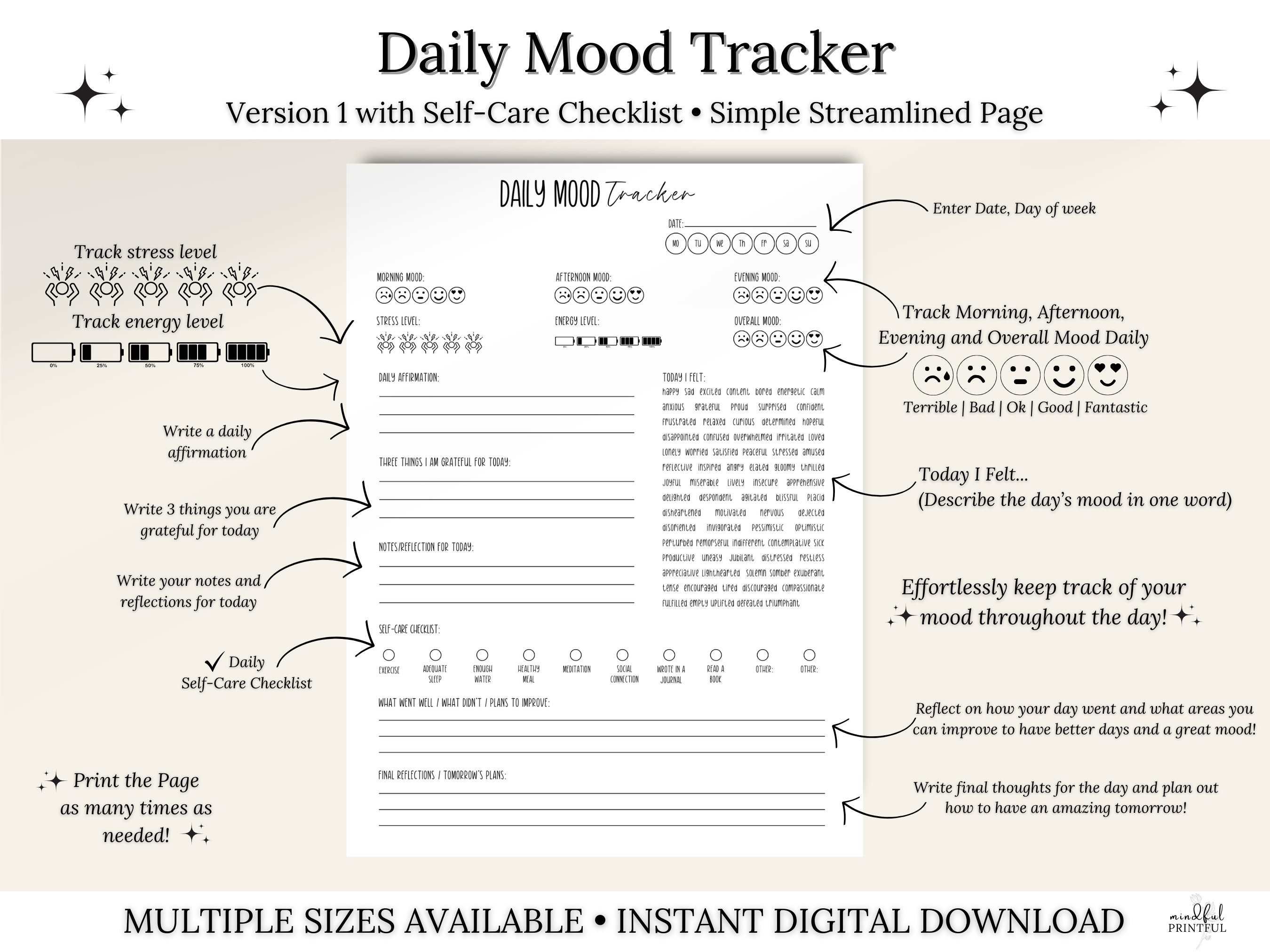 Mood Tracker Printable, Daily Mood Tracker, Monthly Mood Log, Mood ...