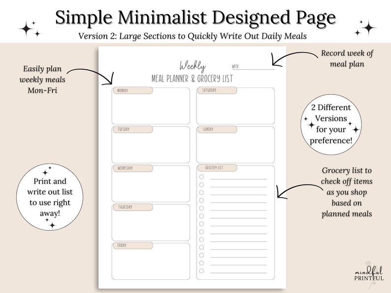 Minimalist Weekly Meal Planner With Grocery List Printable, Meal ...