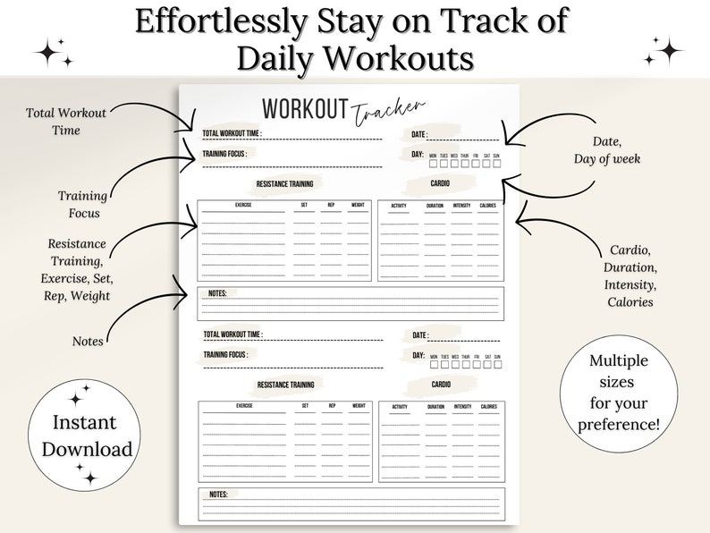 Workout Tracker Printable PDF, Weight Lifting Log, Daily Exercise Log ...