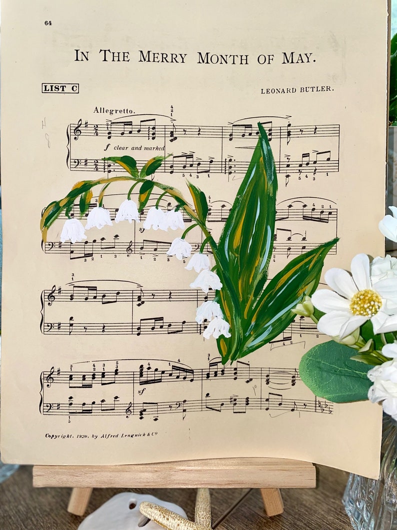 Original Gouache Painting on Sheet Music Merry Month of May Lily of the ...
