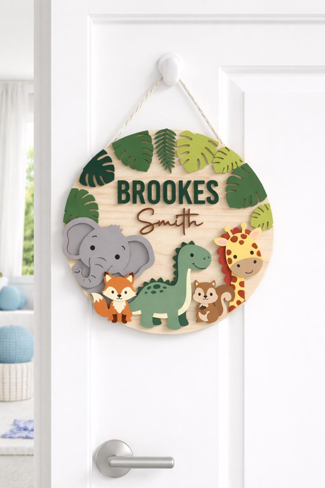 Custom 3D Jungle Animal Name Sign Round, Wooden Nursery Wall Decor ...