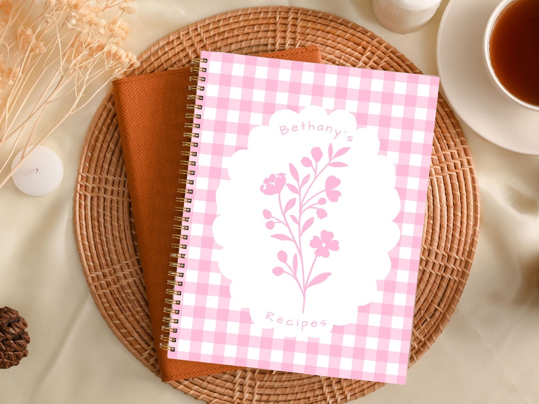 Personalized Recipe Book, Pink Gingham & Flowers, Custom Spiral ...