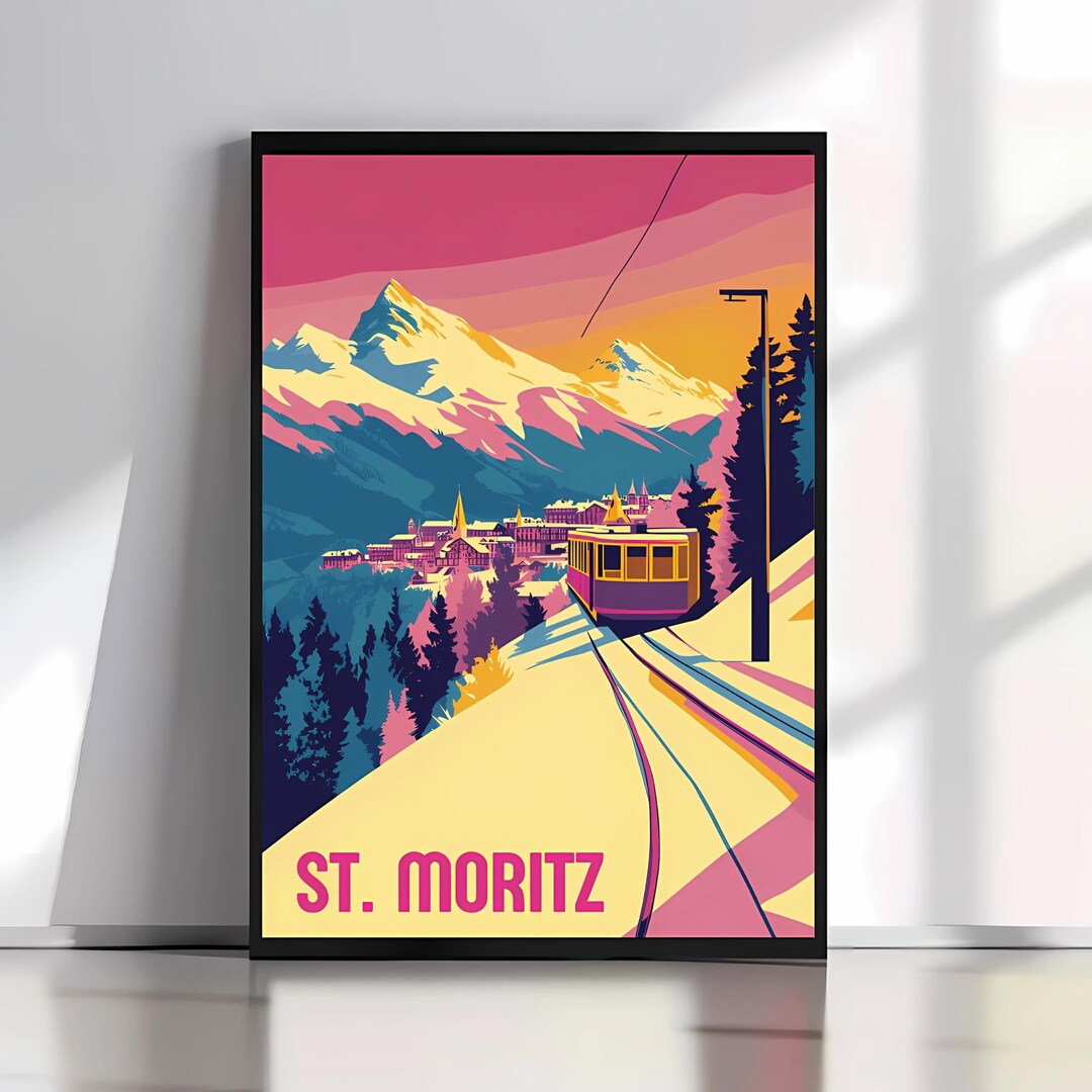 St. Moritz Poster Retro Wall Art of a Snowy Alpine Town, Luxury Charm ...