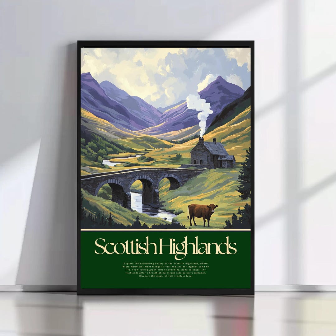 Retro Scotland Poster Wall Art Featuring Highland Cow, Stone Bridge ...