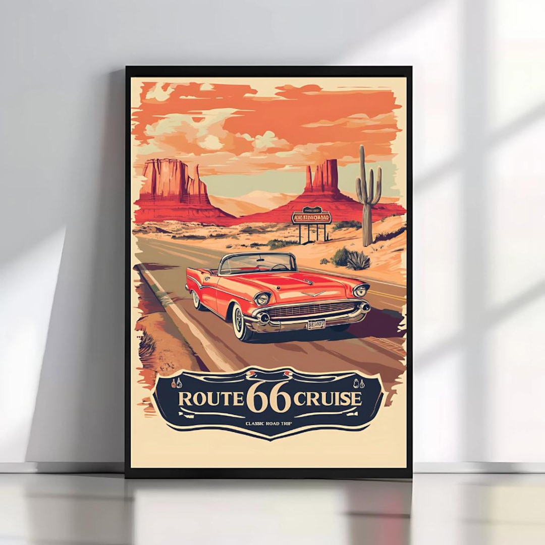 Vintage Route 66 Poster Retro Wall Art of Classic Road Trip With Red ...