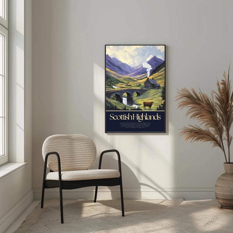 Vintage Highlands Poster Retro Wall Art of Scotland's Landscape, Stone ...