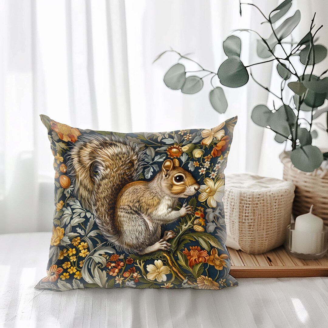Enchanted Woodland Dream, William Morris Style Squirrel Throw Pillow ...