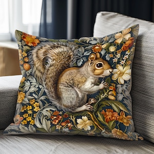 Enchanted Woodland Dream, William Morris Style Squirrel Throw Pillow ...